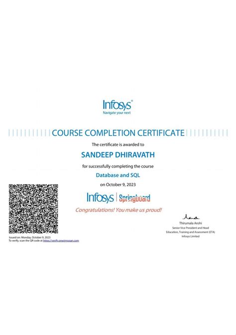 Course Completion Certificate — Database And Sql Issued By Infosys D Sandeep