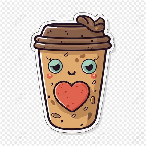 커피 컵 벡터 일러스트 클립 아트와 심장 스티커 일러스트와 함께 귀여운 만화 커피 컵상표 Png 일러스트 무료 다운로드 Lovepik