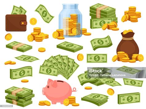 만화 돈 가방과 더미 돼지 저금통 지폐 팩 달러 지폐가있는 지갑 금 스택 및 동전자루 현금 저축 벡터 세트 통화에 대한 스톡 벡터 아트 및 기타 이미지 Istock