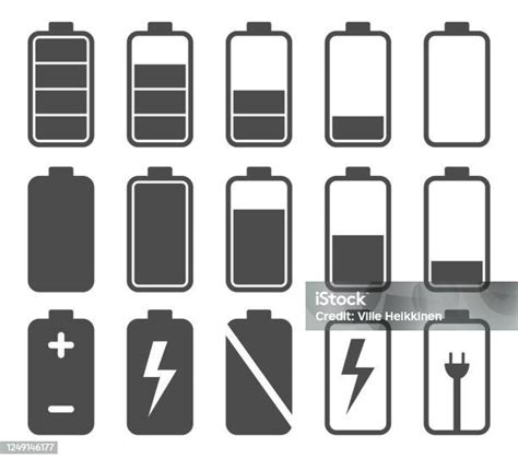 배터리 아이콘 기호 집합입니다 Accu 충전 레벨 로고 사인 벡터 일러스트 이미지입니다 흰색 배경에 격리 0명에 대한 스톡 벡터
