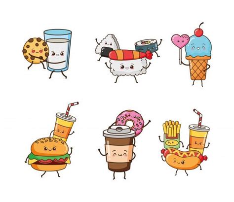 Conjunto De Comida Kawaii Feliz Ilustra O Vetor Gr Tis Libre De Vectores Garabatos Lindos