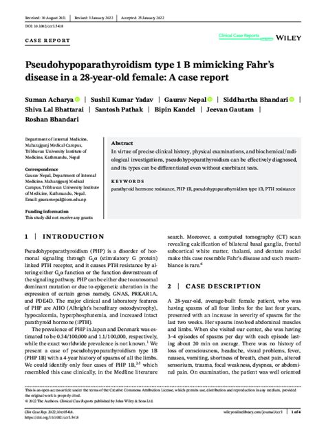 Pdf Pseudohypoparathyroidism Type 1 B Mimicking Fahrs Disease In A 28‐year‐old Female A Case