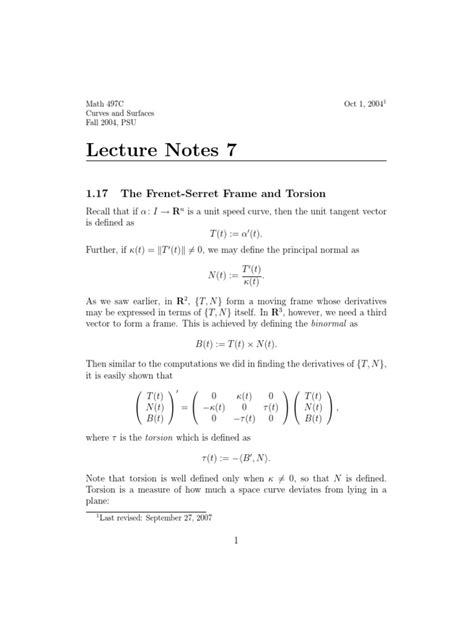Lecture Notes 7 117 The Frenet Serret Frame And Torsion Pdf