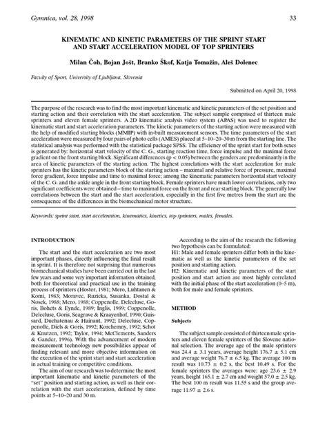 Kinematic And Kinetic Parameters Of The Sprint Start And Start Acceleration Model Of Top