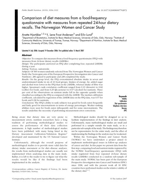 Pdf Comparison Of Diet Measures From A Food Frequency Questionnaire With Measures From