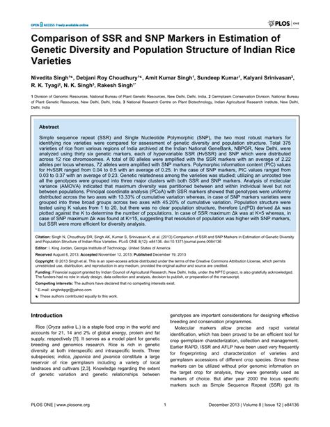 Pdf Comparison Of Ssr And Snp Markers In Estimation Of Genetic Diversity And Population