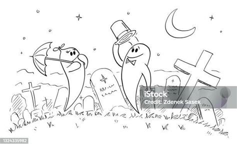묘지 또는 묘지에 젊은 여자를 인사 유령 신사 벡터 만화 스틱 그림 일러스트 0명에 대한 스톡 벡터 아트 및 기타 이미지 0명 19세기 19세기 스타일 Istock