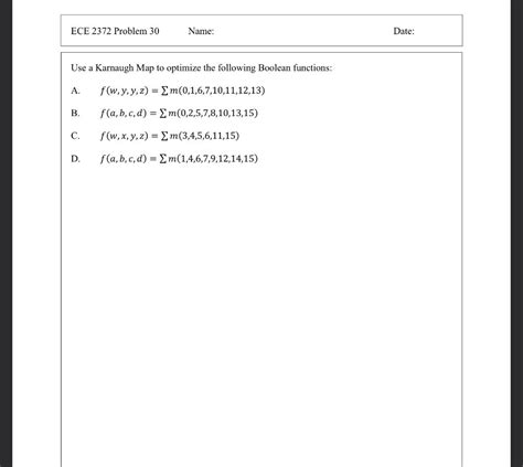 solved ece 2372 problem 30 name date use a karnaugh map to