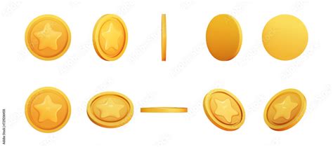 Gold Coin set 3d render different position. Game Money on white background. Coin with star for ...