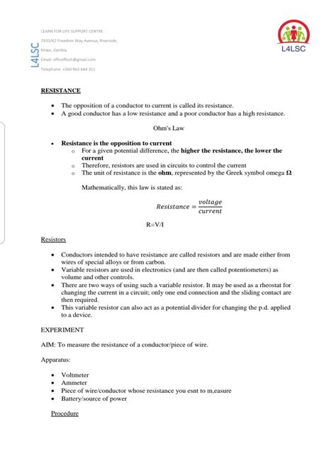 Igcse Physics 0625 Resistance Notes Pdf