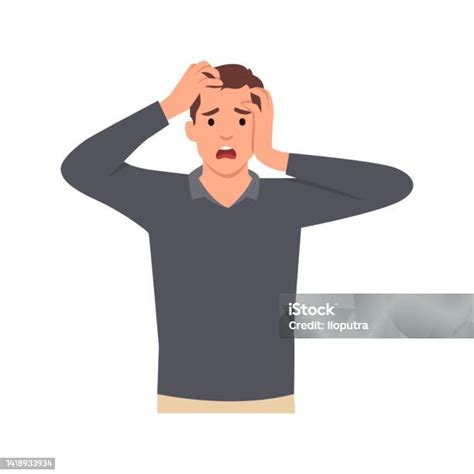 충격을 받은 청년은 머리에 손을 얹고 입을 벌리고 놀랐다 두통 통증이나 스트레스 인간의 감정 얼굴 표정 흰색 배경에 격리된 플랫 벡터 일러스트 레이 션 손에 대한 스톡 벡터