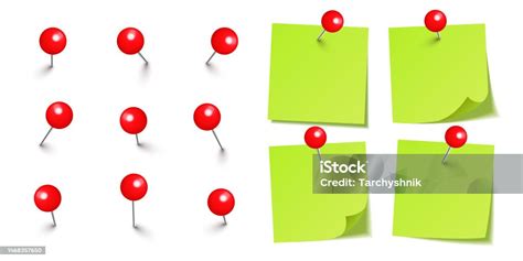 흰색 배경에 격리된 현실적인 빈 스티커 메모 빨간색 둥근 푸시 핀이 있는 녹색 메모지 종이 알림 및 바늘이 있는 플라스틱 압정 보드 압정 벡터 그림 0명에 대한 스톡 벡터