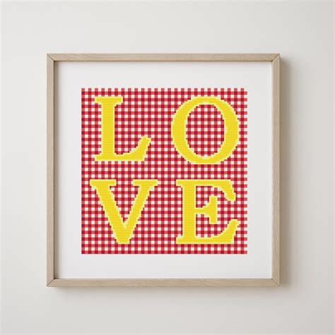 Red Gingham Cross Stitch Pattern With Bright Yellow Love Pdf Pattern Modern Cross Stitch