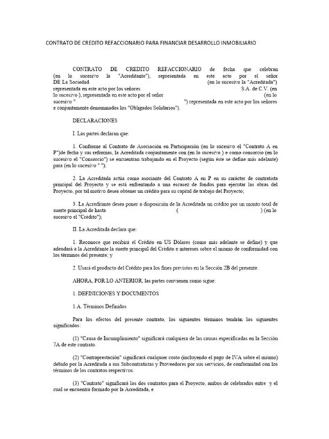 Contrato De Credito Refaccionario Para Financiar Desarrollo