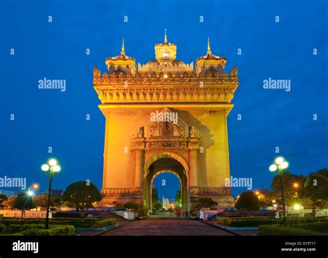 Patuxai Arch Monument Vientiane The Capital Of Laos In The Night