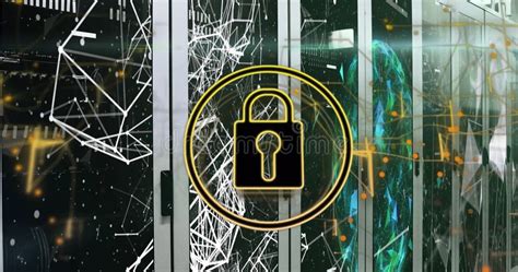 Image Of Security Padlock Icon And Globe Of Plexus Networks Against Computer Server Room Stock