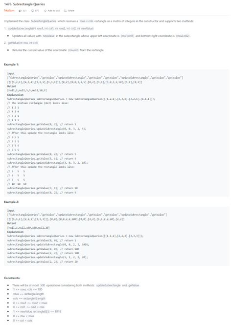Leetcode 1476 Subrectangle Queries