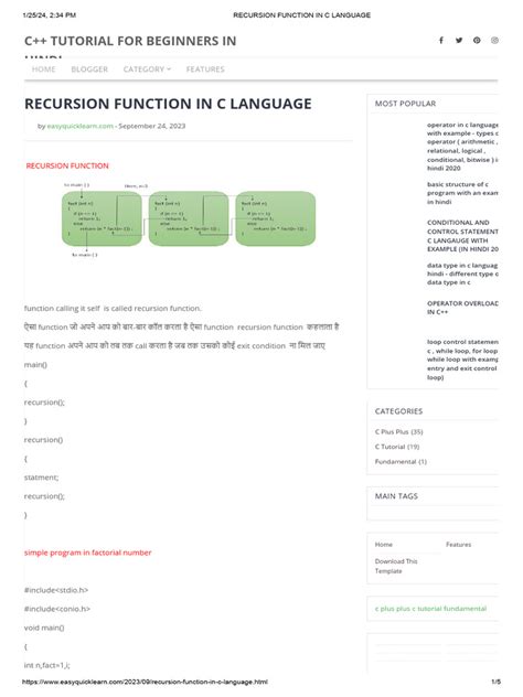 Recursion Function In C Language Pdf C Programming Language C