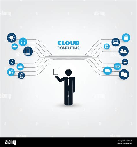 Cloud Computing Design Concept With A Standing Business Man And Icons Digital Network