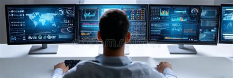 global data analyst at work a person sits before multiple monitors displaying complex data