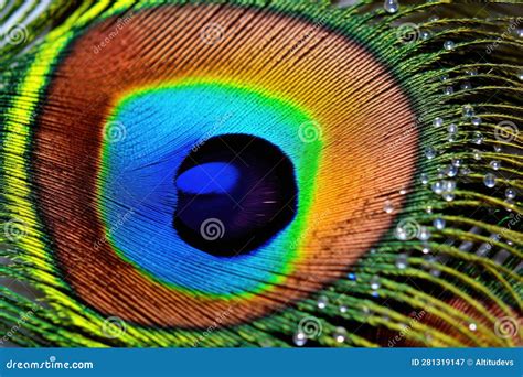 Macro Shot Of A Peacock Feather Exhibiting Iridescent Colors Stock