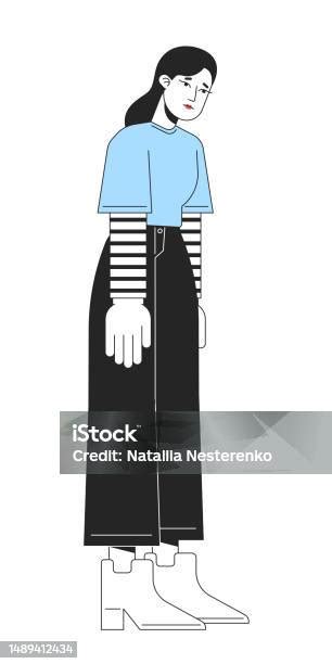 Depressed Girl Lowering Head Down Linear Flat Color Vector Character Stock Illustration