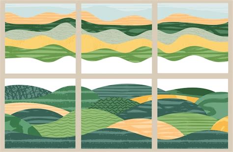 추상 농업 필드 또는 농장 카드 배경 템플릿 포도원 계곡 패턴 봄 시골 풍경 생태 포스터 레이아웃 여름 자연 배경 디자인 세트 에코 그린 스퀘어 포스트 프리미엄 벡터