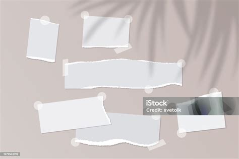 손바닥 잎 그림자 오버레이베이지 배경에 끈적 끈적한 테이프가있는 현실적인 빈 찢어진 종이 노트 노트북 시트의 찢어진 조각으로 무드 보드 모형의 벡터 그림 꽃무늬에 대한 스톡