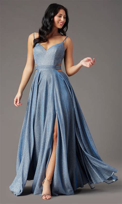 Dusty Blue Long Sparkly Glitter Prom Dress Promgirl