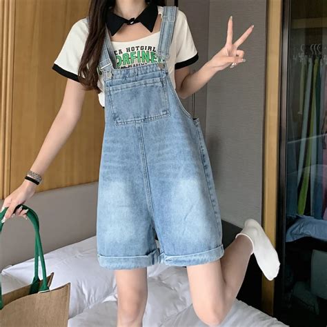 여성용 여름 멜빵 데님 반바지 한국 스타일 와이드 레그 청바지 바지 연청색 하이 웨이스트 헐렁한 캐주얼 패션 반바지 Aliexpress