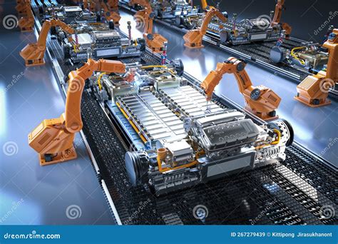 Robot Assembly Line With Electric Car Battery Cells Module On Platform