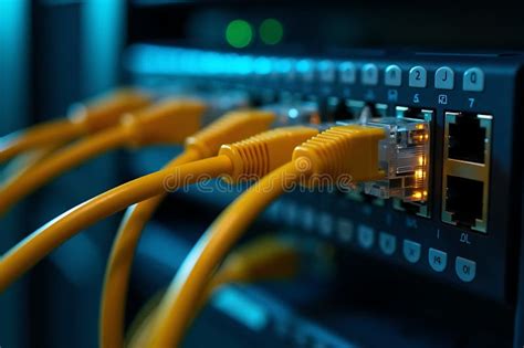 Close Up Of A Network Switch With Multiple Yellow Ethernet Cables Connected For Data Transfer