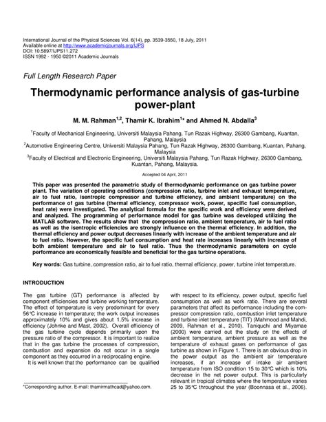Pdf Thermodynamic Performance Analysis Of Gas Turbine Power Plant