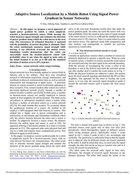 Pdf Adaptive Source Localization By A Mobile Robot Using Signal Power Gradient In Sensor Networks