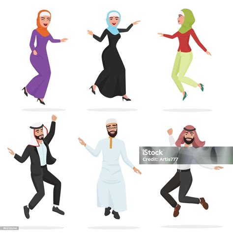 점프 하는 귀여운 아랍 사람들의 행복 한 그룹입니다 만화는 무슬림 남자와 여자 문자 벡터 일러스트 레이 션을 이동 합니다 경기 스포츠에 대한 스톡 벡터 아트 및 기타 이미지