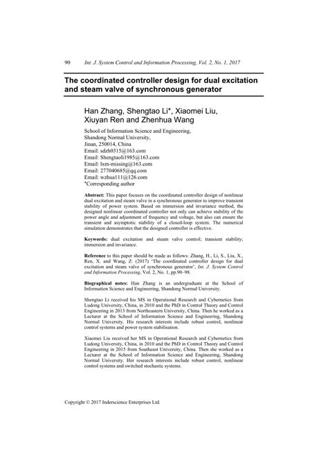 Pdf The Coordinated Controller Design For Dual Excitation And Steam Valve Of Synchronous Generator