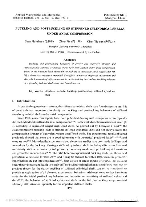 Pdf Buckling And Postbuckling Of Stiffened Cylindrical Shells Under Axial Compression