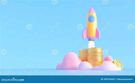 A Toy Blue Plastic Rocket Lifting Off From A Stack Of Money Coins Stock Illustration