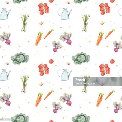 농장 채소와 수채화 원활한 패턴 내 여름 에코 가든 배경 당근 양파 양배추 사탕무 토마토 수확 직물 직물 초대장 카드 포장 메뉴에 적합 Central London에 대한