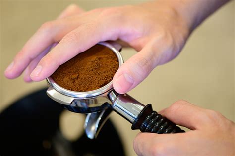 기계로 양조할 준비를 하는 분쇄 커피로 채워진 포르타필터를 들고 있는 바리스타 의 손 0명에 대한 스톡 사진 및 기타 이미지 0명 가루로 빻은 강철 Istock