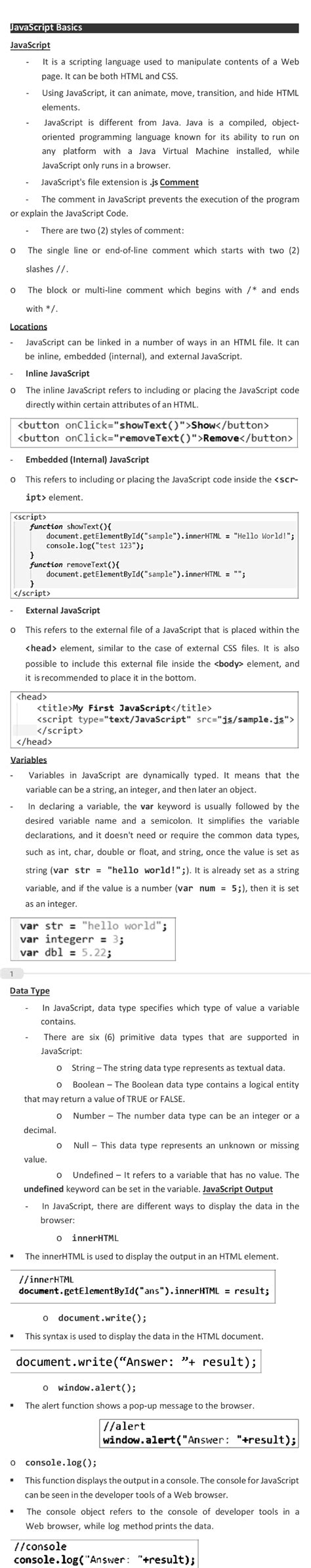 Handout 5 Js Basics 1 Javascript Basics Javascript It Is A