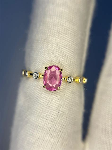 Natural Pink Sapphire And Diamond Ring 14k Solid Gold Minimalist
