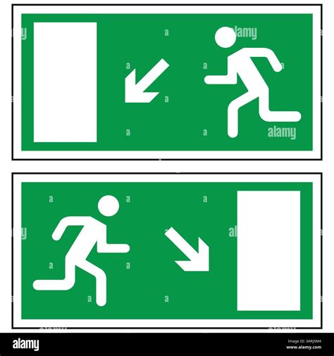 Green Emergency Exit Signs With White Running Man And Arrow Showing Direction To Escape Route