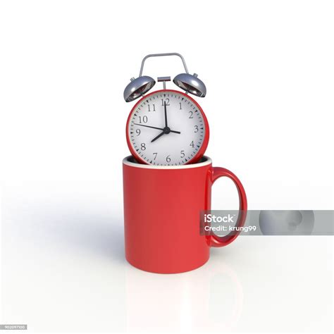 흰색 배경에 고립의 커피 컵 레드 개 알람 시계 응용 프로그램 디자인에 대 한 서식 파일을 비웃는 다 전시 장비입니다 로고의 배치에 대 한 서식 파일을 설정 합니다 3d