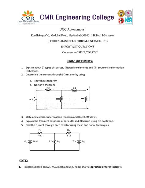 BEE Important Questions Kandlakoya V Medchal Road Hyderabad I B I Semester EE ES