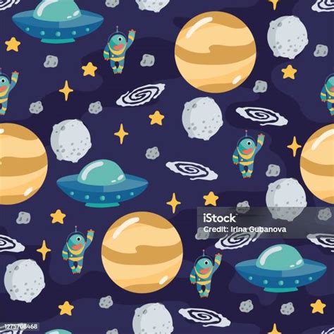 우주 어린이의 원활한 패턴과 행성 만화 스타일의 로켓 키즈 룸 디자인 벽지 직물 포장지 의류에 대한 귀여운 질감 벡터 일러스트레이션 연속무늬에 대한 스톡 벡터 아트 및 기타