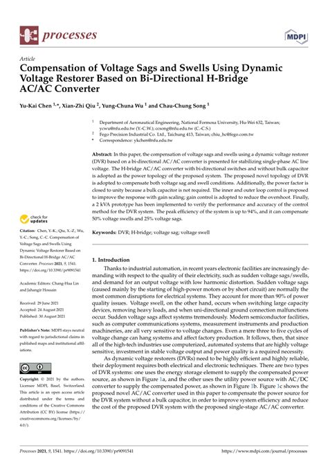 Pdf Compensation Of Voltage Sags And Swells Using Dynamic Voltage Restorer Based On Bi