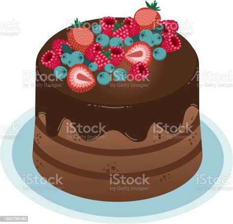다양한 베리 블루베리 딸기 라즈베리를 곁들인 벡터 아이소메트릭 초콜릿 케이크 초콜릿 케이크에 대한 스톡 벡터 아트 및 기타