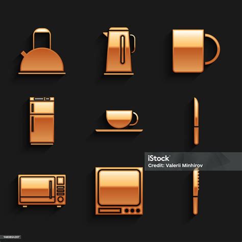 커피 컵 전자 저울 빵 칼 칼 전자 레인지 냉장고 및 주전자를 손잡이 아이콘으로 설정합니다 벡터 가정 생활에 대한 스톡 벡터 아트 및 기타 이미지 Istock