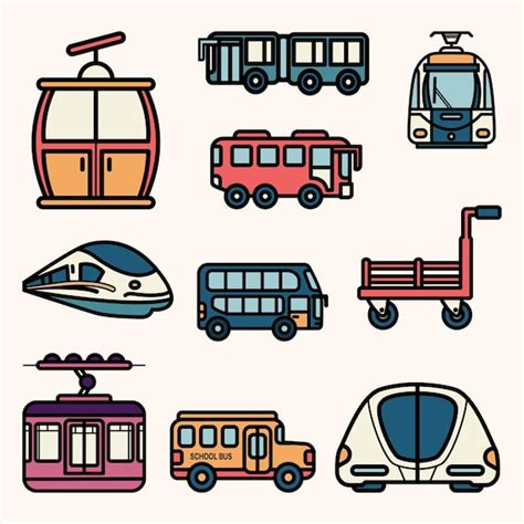 대중 교통 귀여운 플랫 라인 일러스트 세트 프리미엄 벡터